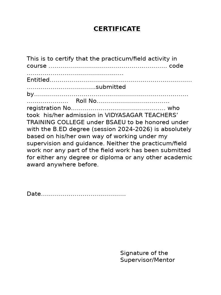 B.Ed Practicum Certificate Template | PDF