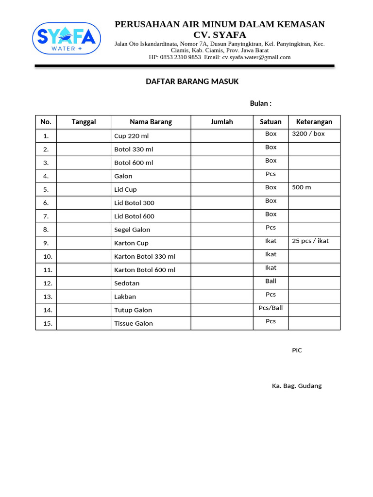Daftar Barang CV. Syafa Air Minum | PDF