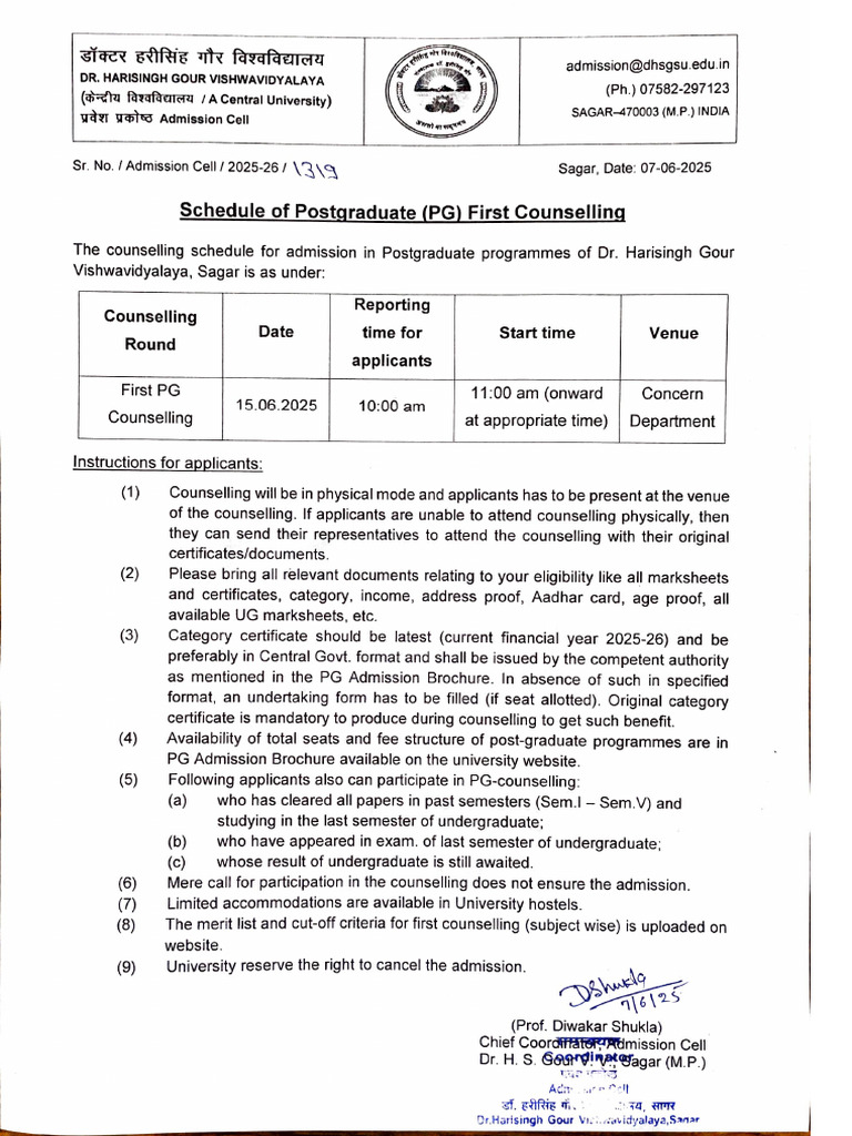 Schedule of Postgraduate PG First Counselling | PDF | Postgraduate ...