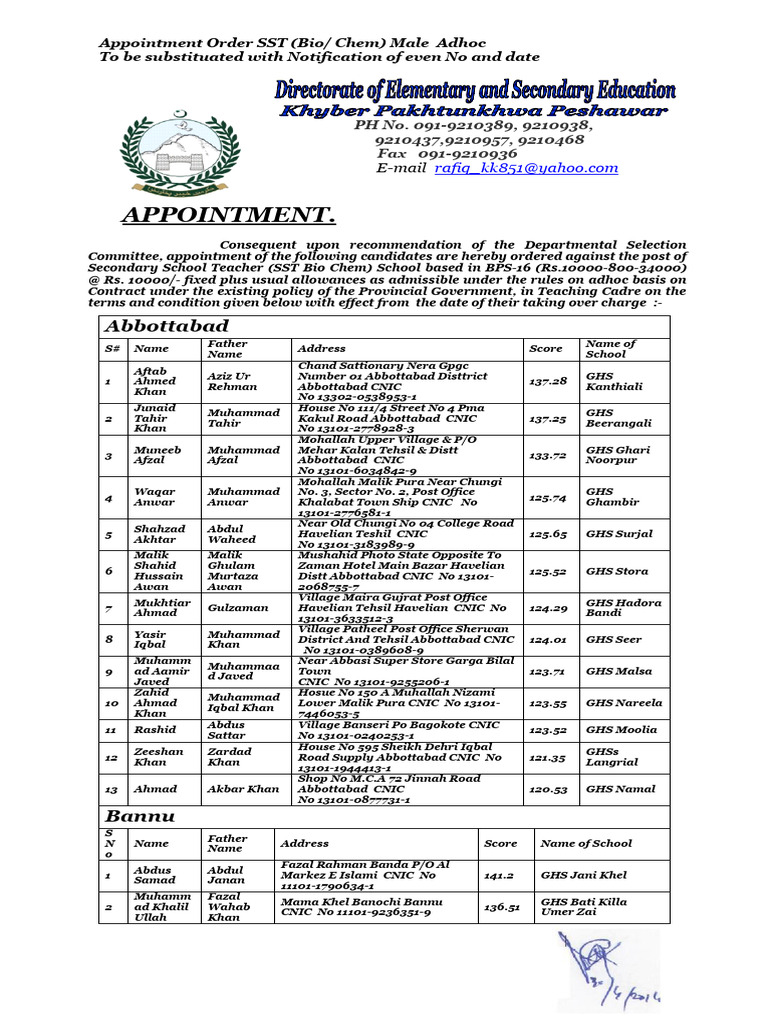 Appointment Order for SST Bio/Chem Teachers | PDF