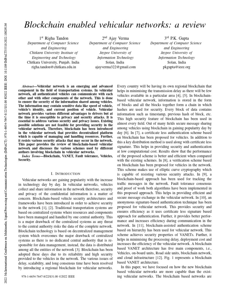 Blockchain Enabled Vehicular Networks A Review | PDF | Computer Network | Internet Of Things
