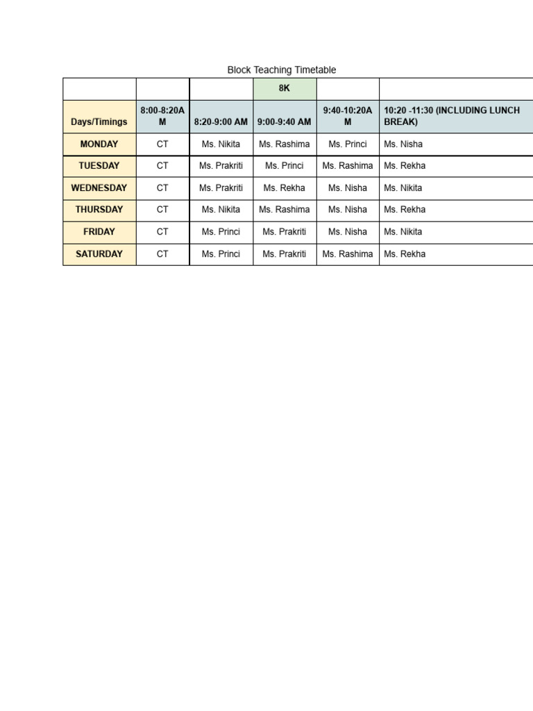 8K (Block Teaching Time Table) | PDF
