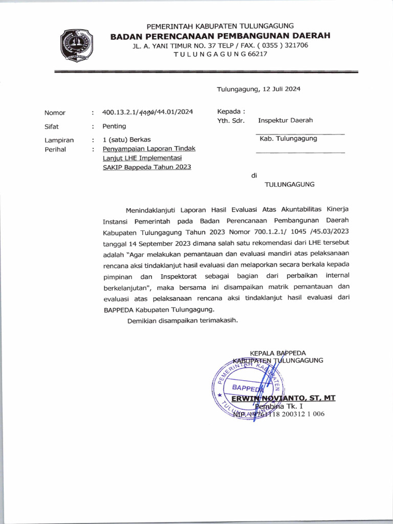 Dokumen Tindak Lanjut Lhe - Laporan Monev RTL Lhe Bappeda 2023 - 20240717071848 | PDF