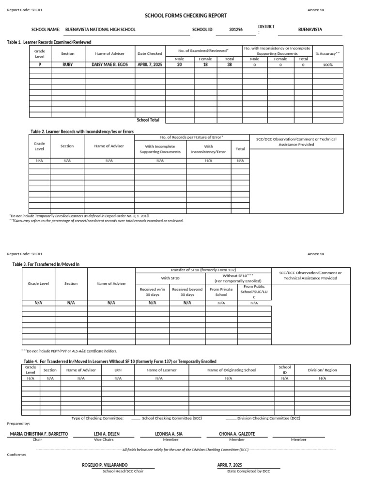 School Forms Checking Report | PDF
