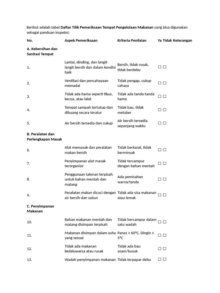 Daftar Tilik Kesling TPM | PDF