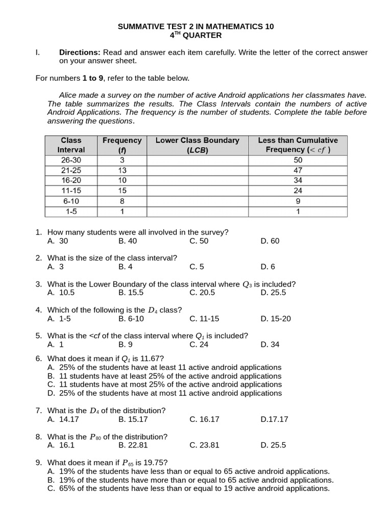 Mathematics 10 Summative Test 2 | PDF