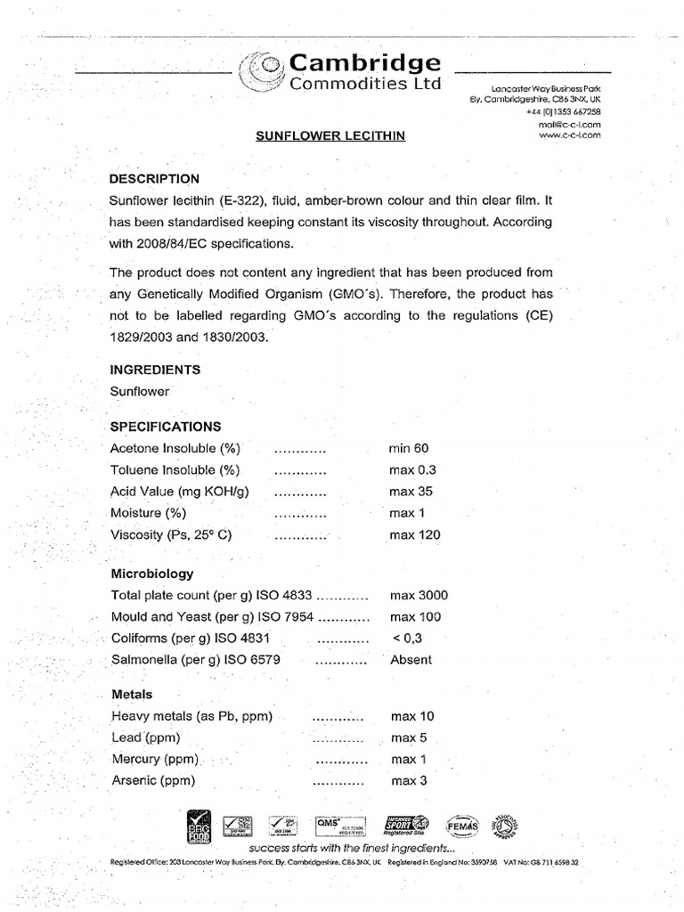 Sunflower Lesitin Spesifikasi | PDF