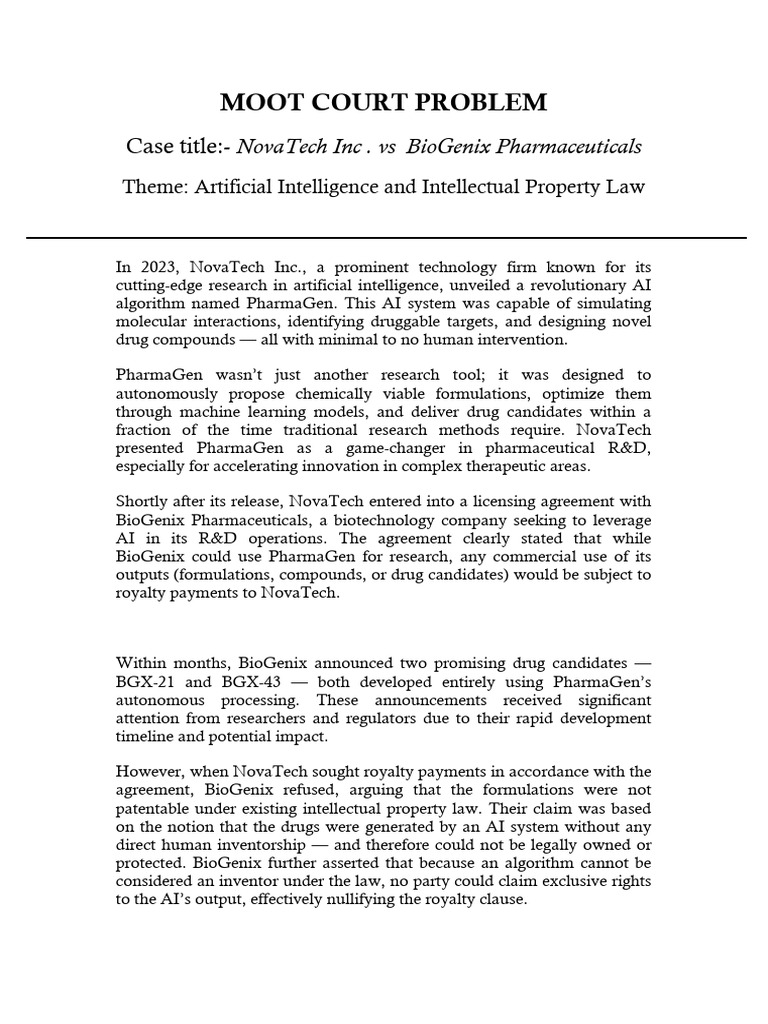 NovaTech Inc. vs. BioGenix Pharmaceuticals MOOT COURT PROBLEM - pdf22 | PDF | Artificial ...