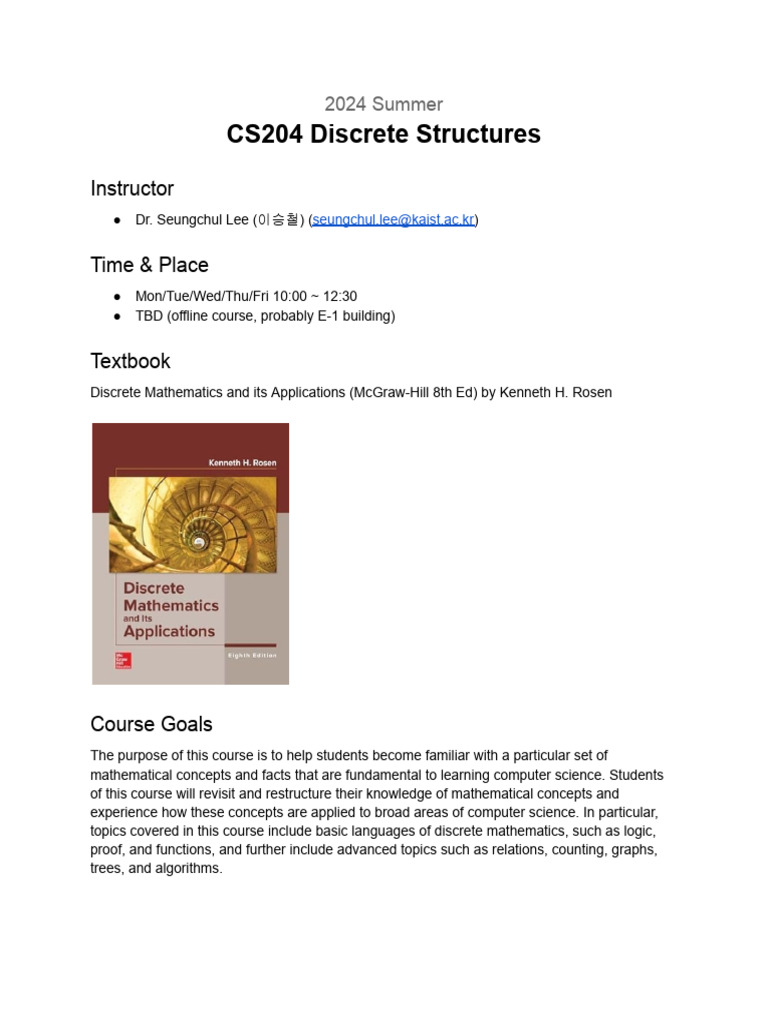 CS204 Discrete Structures Course 2024 | PDF | Discrete Mathematics ...