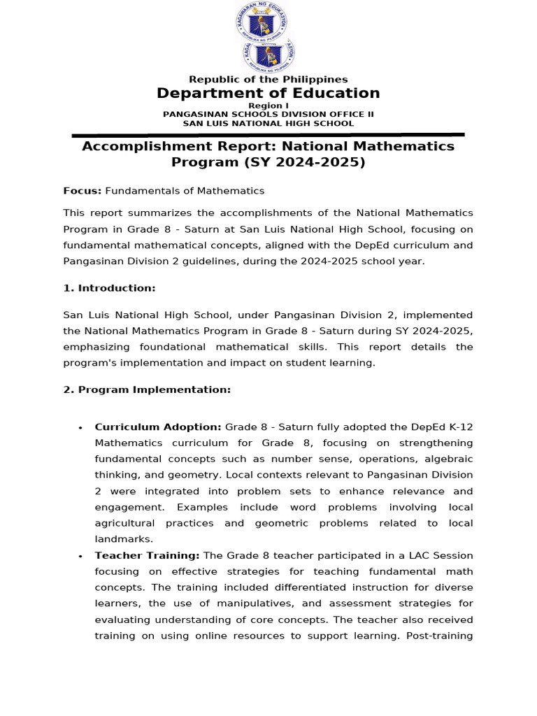 Accomplishment Report in NMP | PDF | Differentiated Instruction | Mathematics