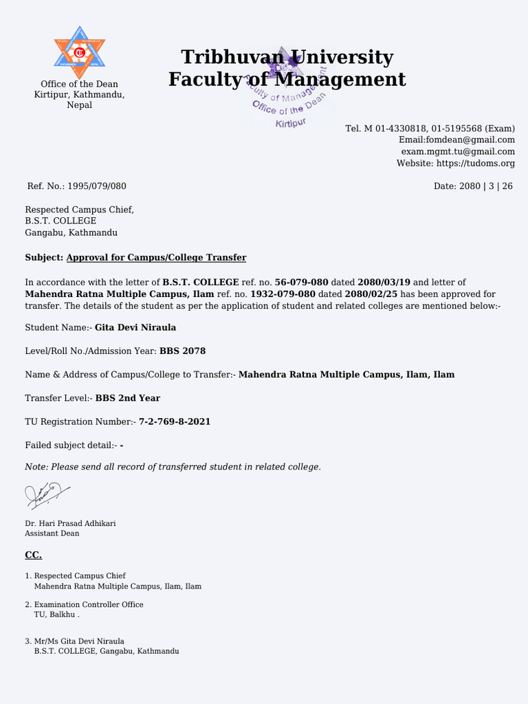 Tribhuvan University Faculty of Management: Subject: Approval For ...