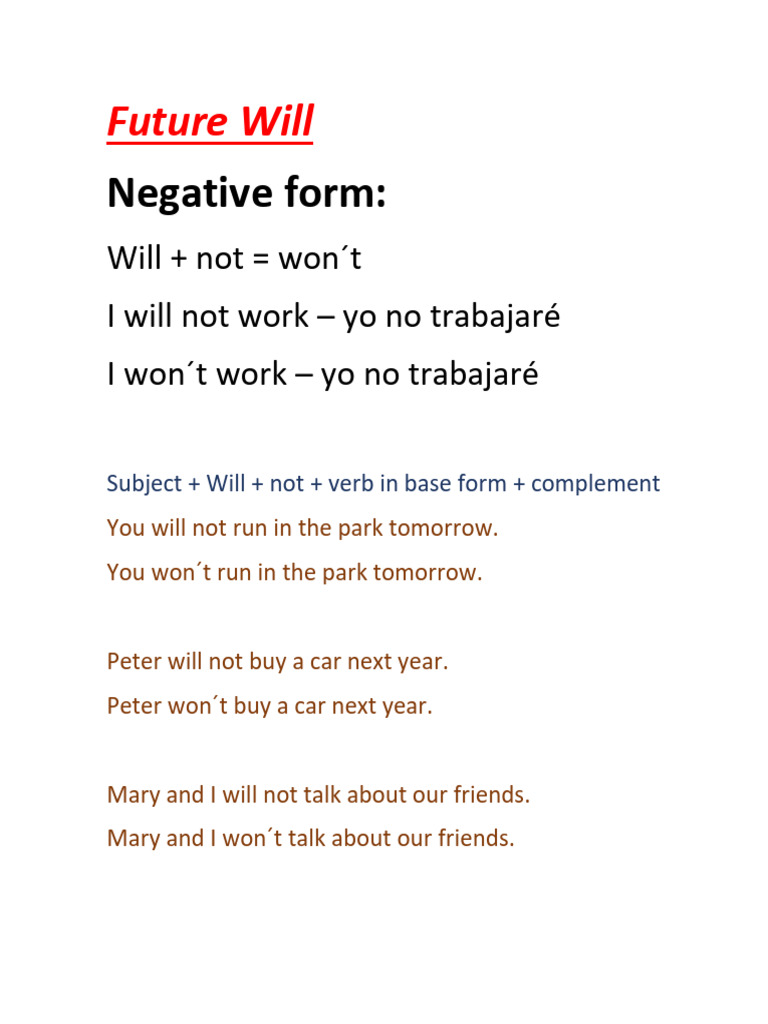 Future Will, Negative Form | PDF