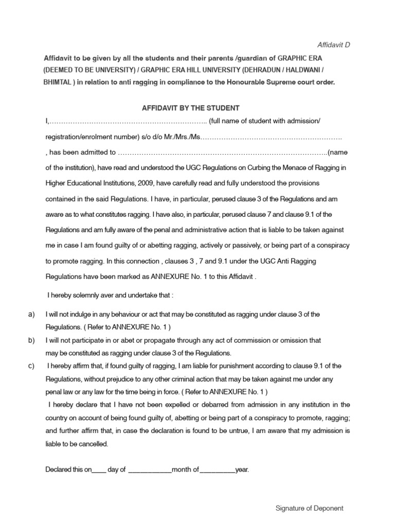 Anti Ragging Affidavit | PDF | Affidavit | Justice