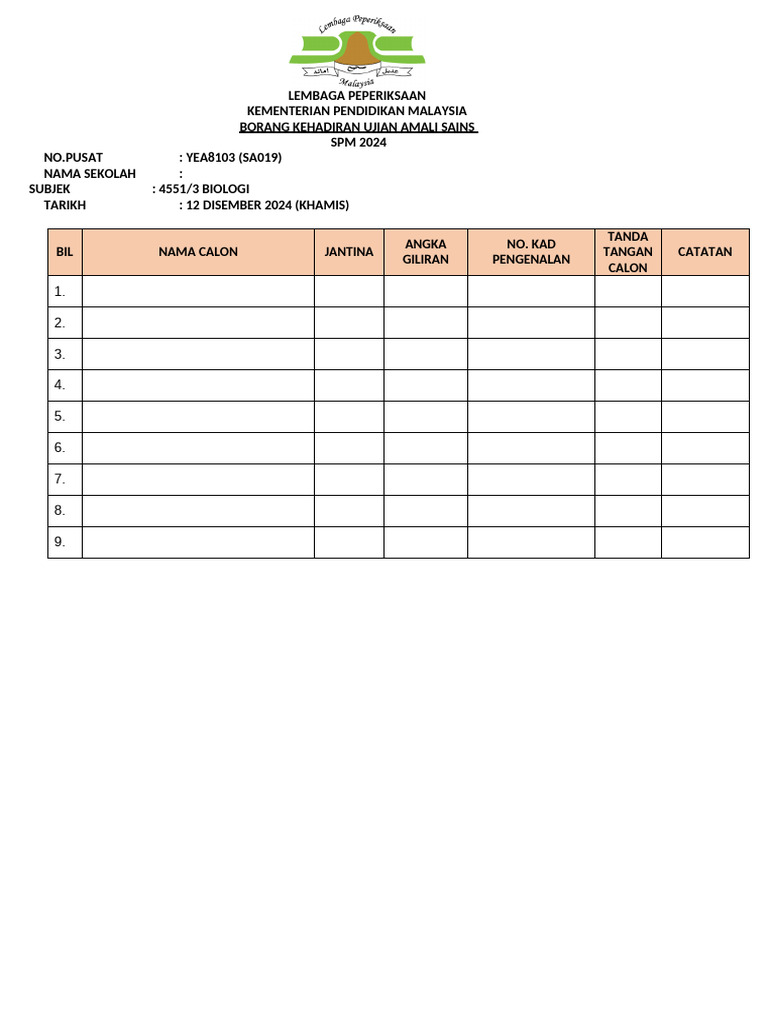Borang Kehadiran UAS-BIO - Docx 1 | PDF