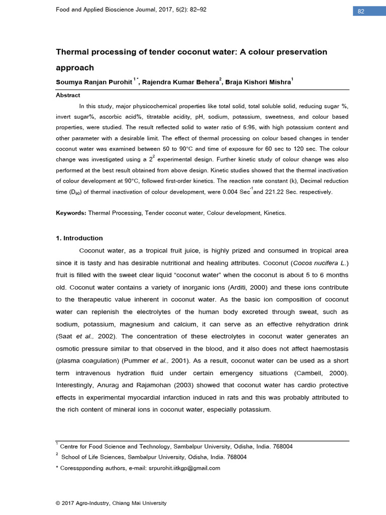 Thermal Processing of Coconut Water | PDF | Water | Chemistry