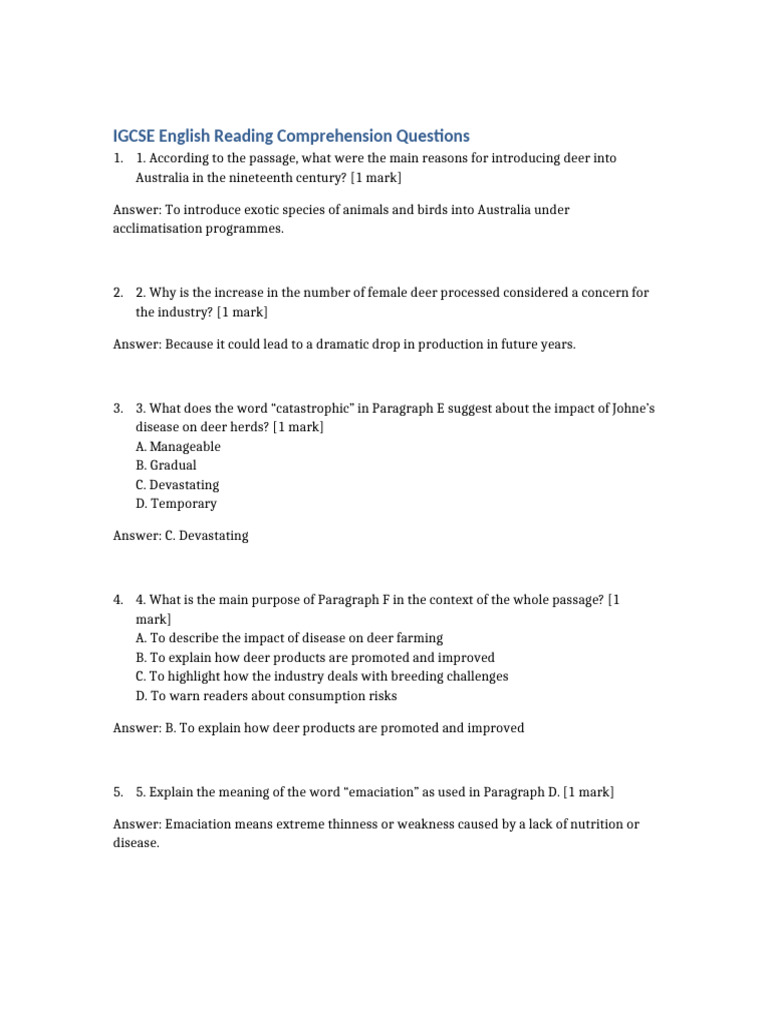 IGCSE English Deer Comprehension | PDF