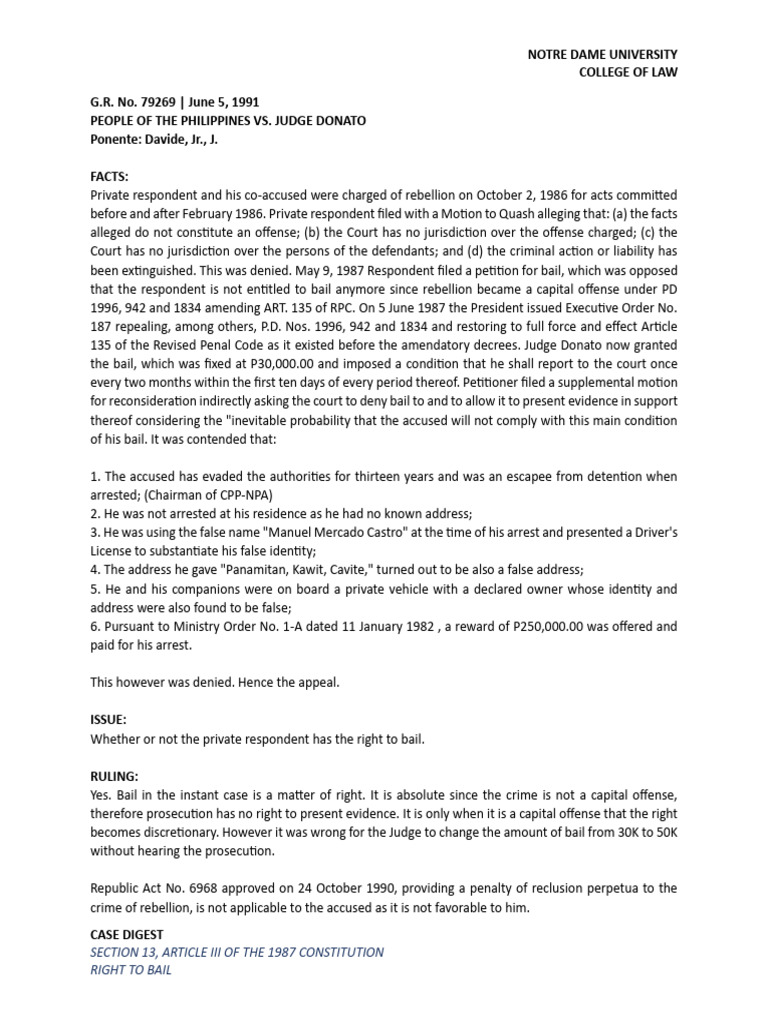 Section 13 Article III Right To Bail Case Digest | PDF | Bail | Prosecutor