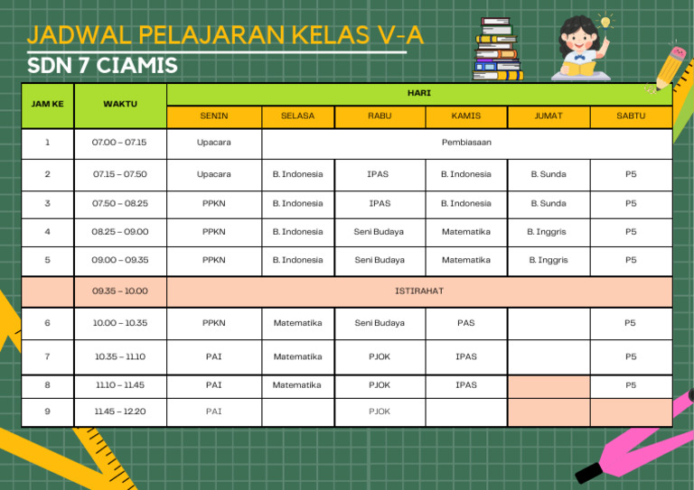 Hijau Bergaris Tabel Jadwal Pelajaran Sekolah Dasar Kelas VI (257 X 182 MM) | PDF