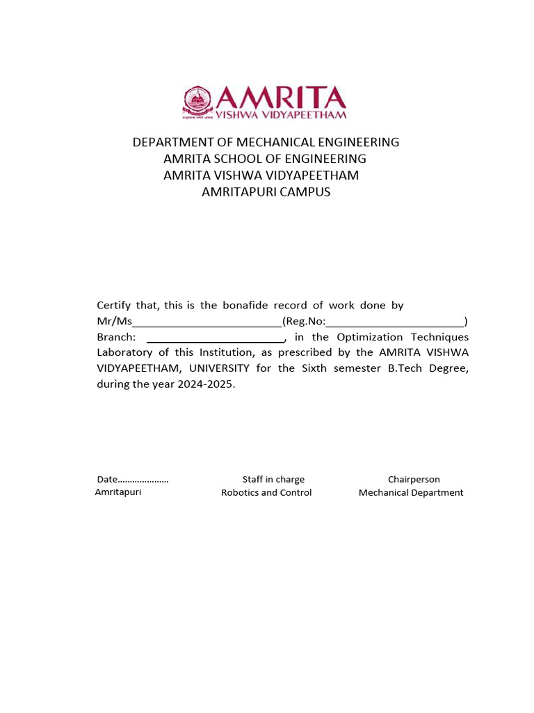 Department of Mechanical Engineering Amrita School of Engineering ...