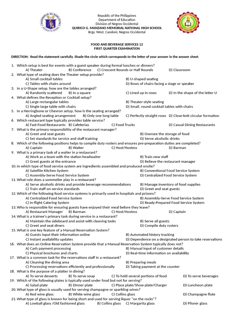 1st Quarter FBS EXAM | PDF | Tableware | Restaurants