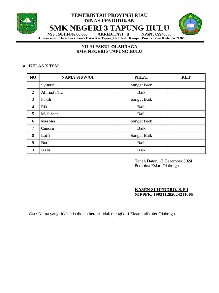 Nilai Ekstrakulikuler Olahraga X TSM | PDF