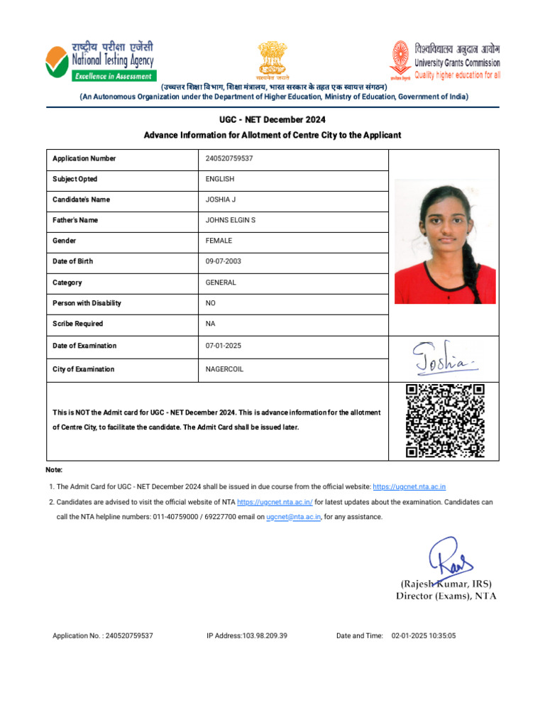 UGC NET December 2024 Exam Center Info | PDF