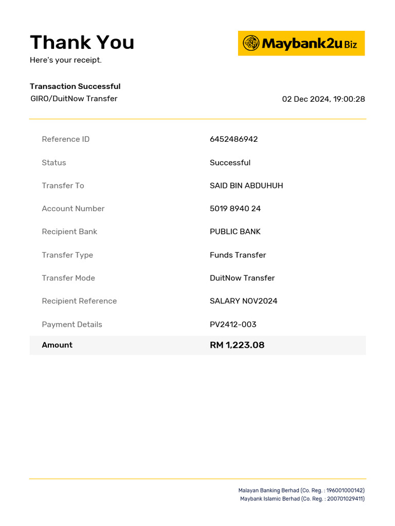 DuitNow Transfer Receipt - RM 1,223.08 | PDF