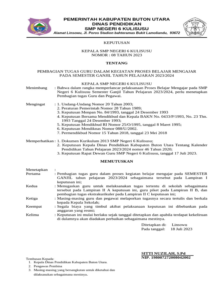 Sk Pembagian Tugas 2023_2024 Ganjil | PDF