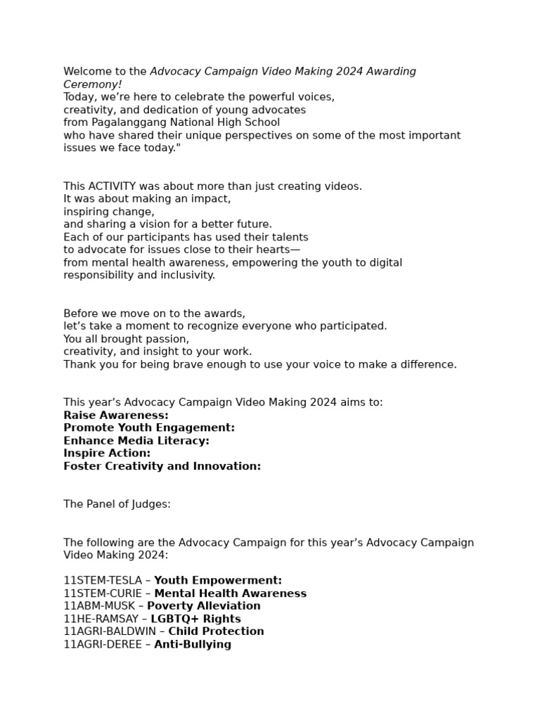 Advocacy Campaign Video Making 2024 Awarding Ceremony Script | PDF | Cinematography | Storytelling