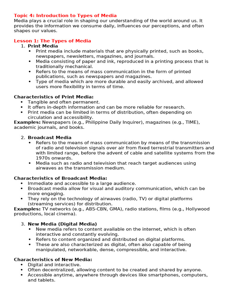 Topic 4 - Introduction To Types of Media | PDF | Mass Media | New Media