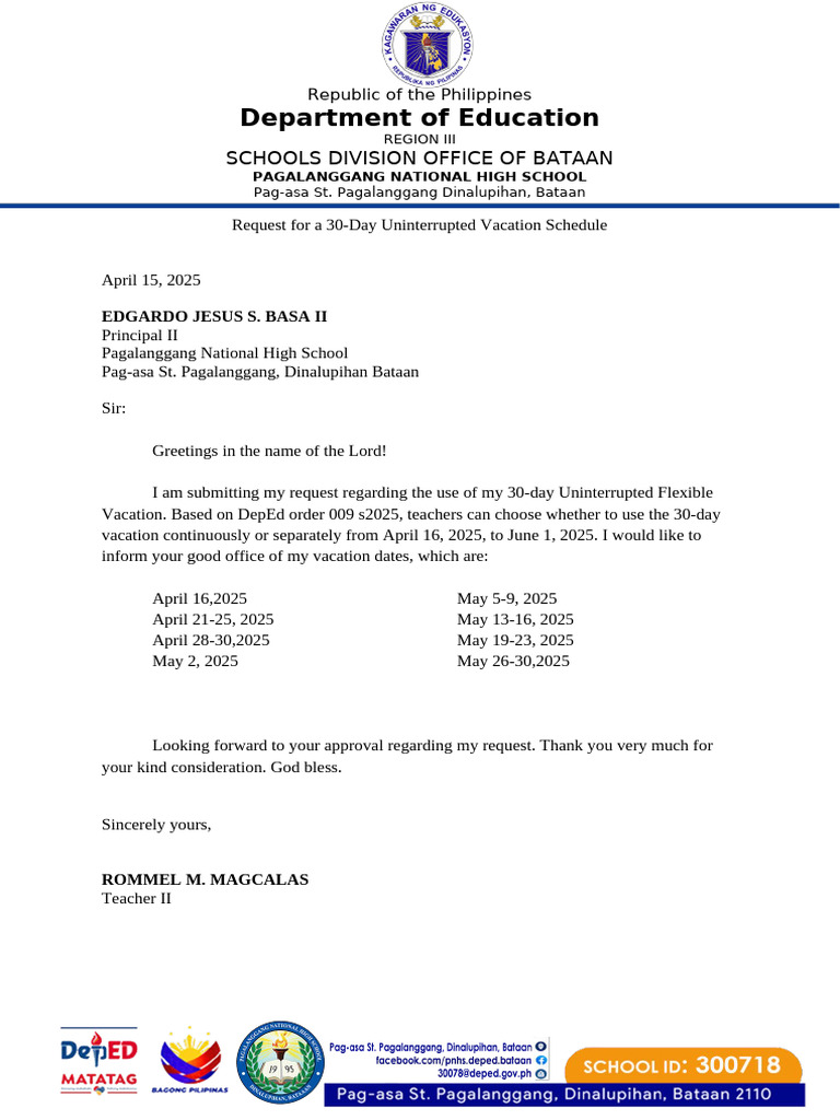 Request For A 30-Day Uninterrupted Vacation Schedule | PDF