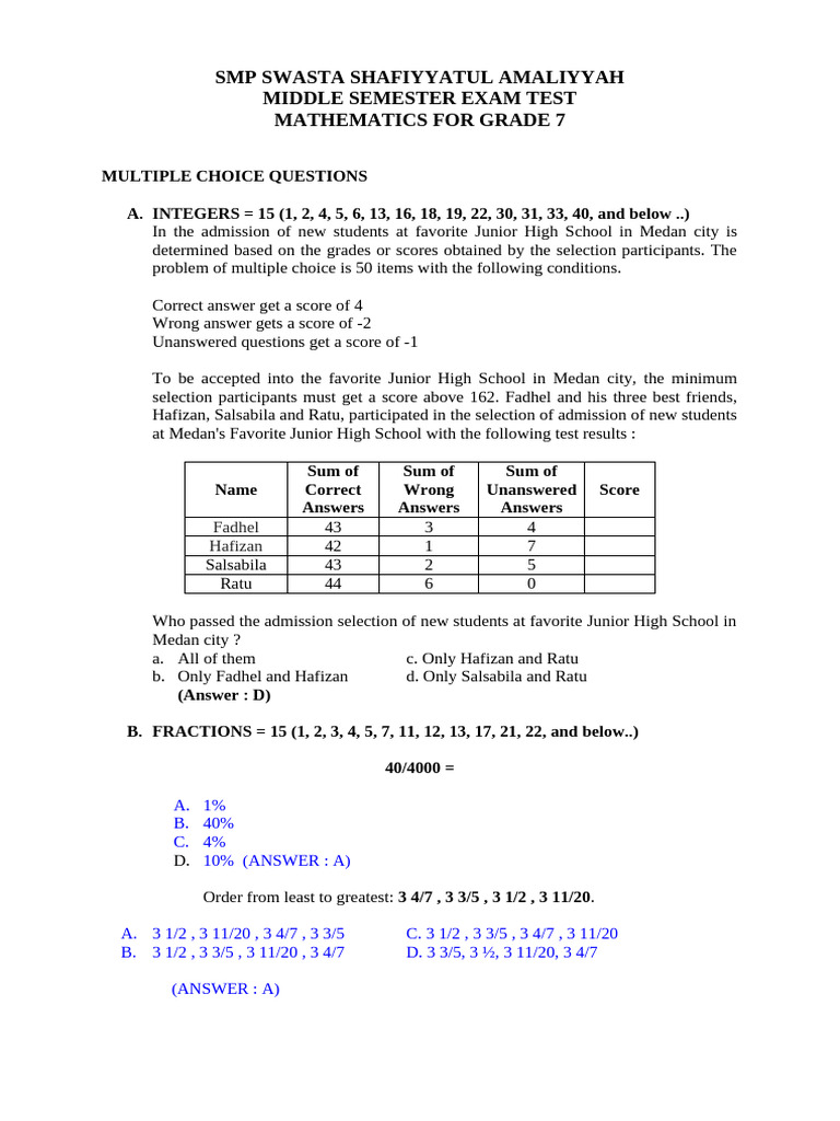 Grade 7 Math Exam: MCQs on Integers, Fractions, Patterns | PDF ...