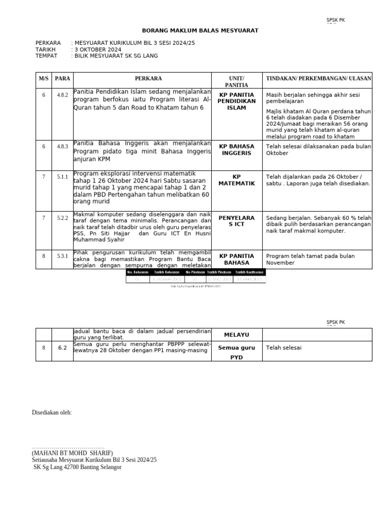 2024 - Borang Maklum Balas Mesyuarat 3 | PDF