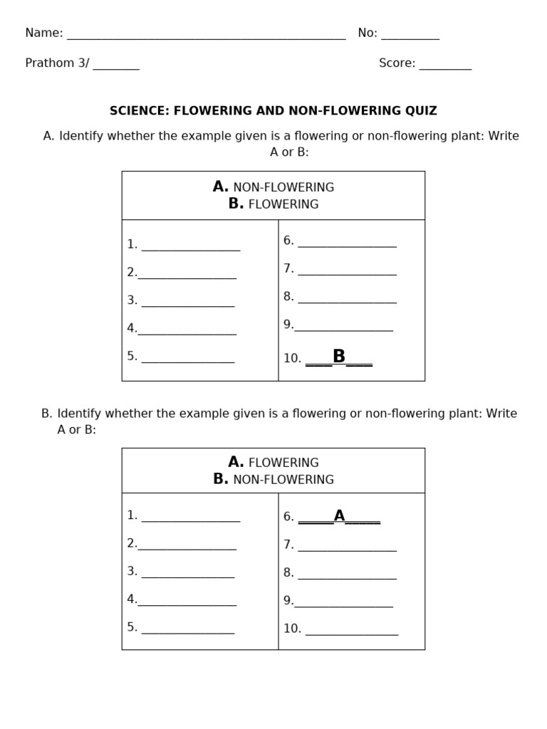 Flowering vs Non-Flowering Plant Quiz | PDF