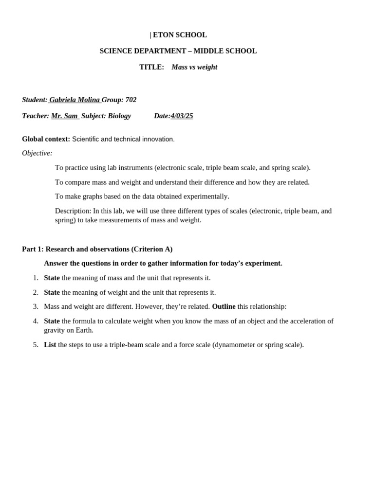 Mass vs Weight: Middle School Lab Guide | PDF | Weight | Mass