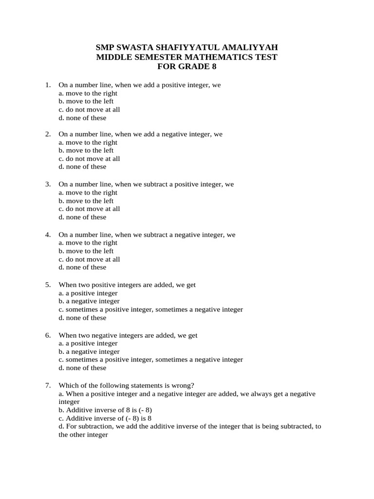 Grade 8 Mathematics Test Questions | PDF | Integer | Numbers