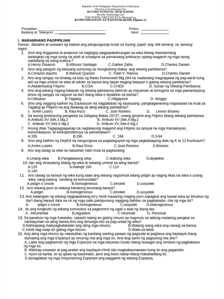 PDF Komunikasyon Diagnostic Tos Answerkey | PDF