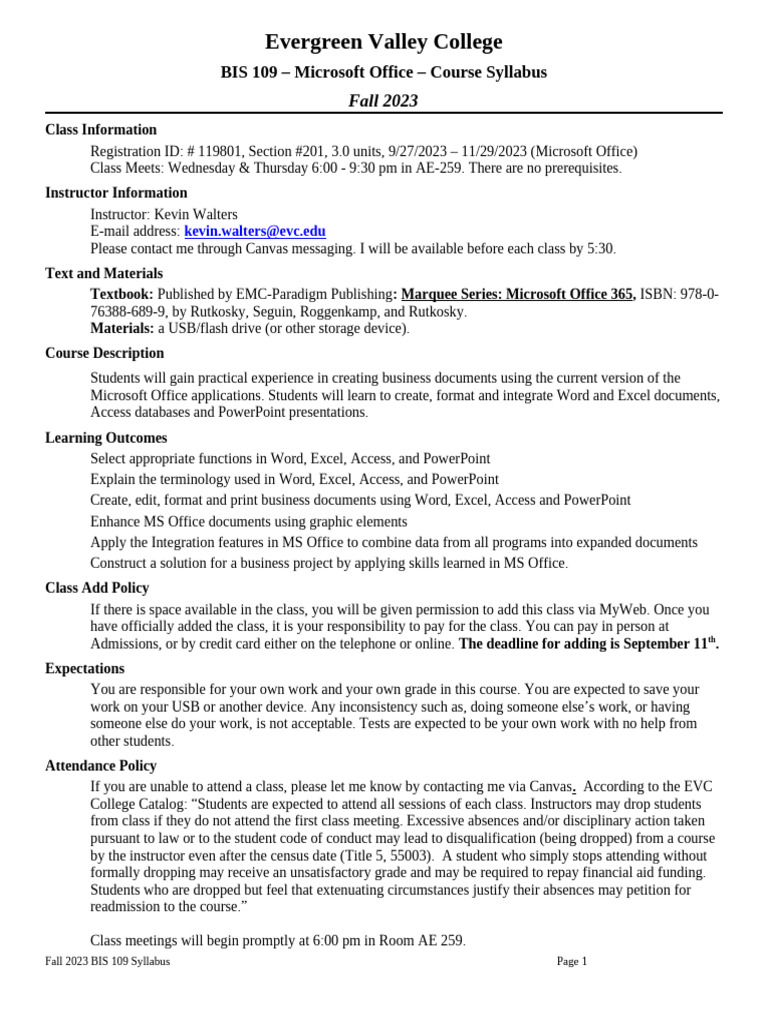 BIS 109 Microsoft Office Syllabus Fall 2023 | PDF | Microsoft Excel ...