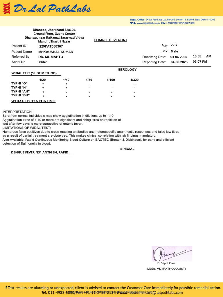 229PAT088367 MR - Kaushal Kumar DR. ML Mahto 8667 22 Y | PDF | Plasmodium Falciparum | Serology