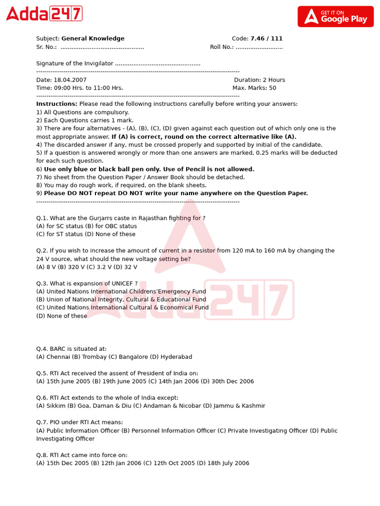 BPNL Extention Officer PYQ 1 | PDF | Volt