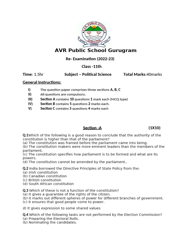 Political Science Class 11th Re Examination | PDF | Constitution ...