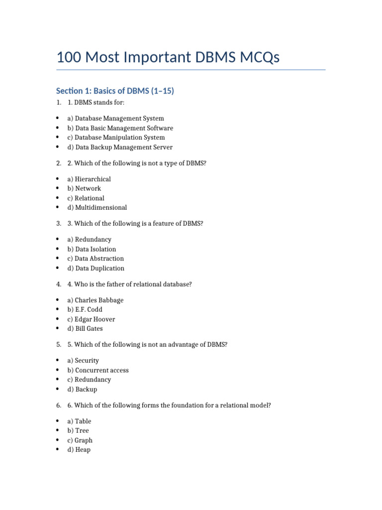 100 Important DBMS MCQs Part1 | PDF