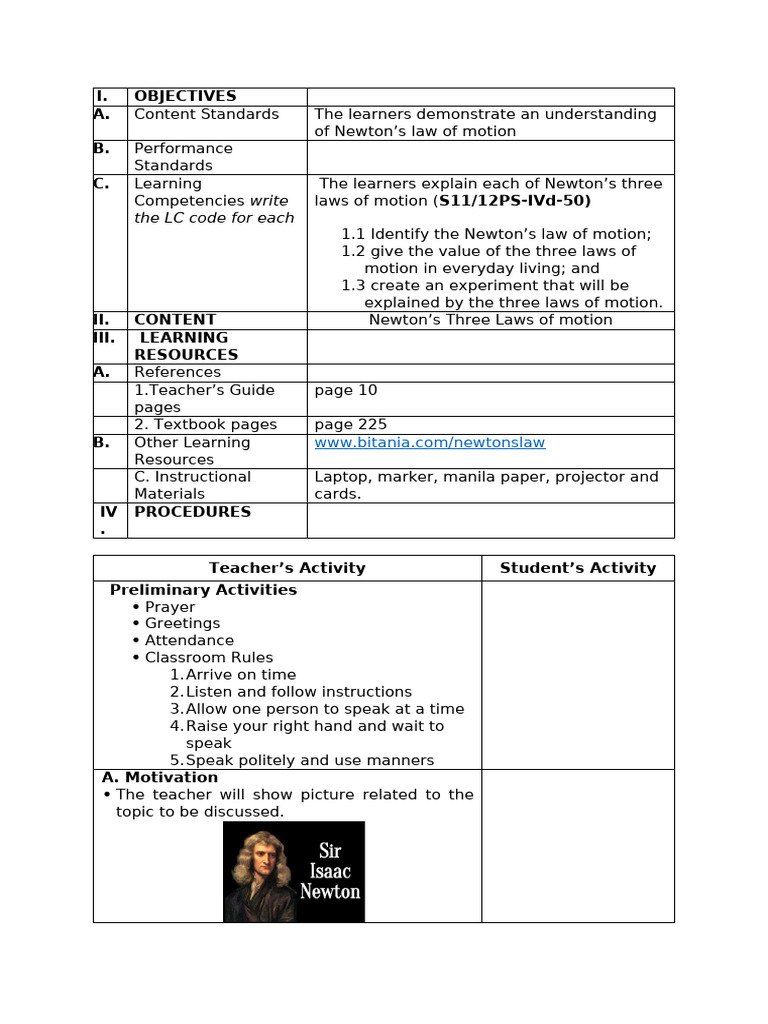 DETAILED LESSON PLAN Newton S Laws of Motion | PDF | Force | Newton's ...