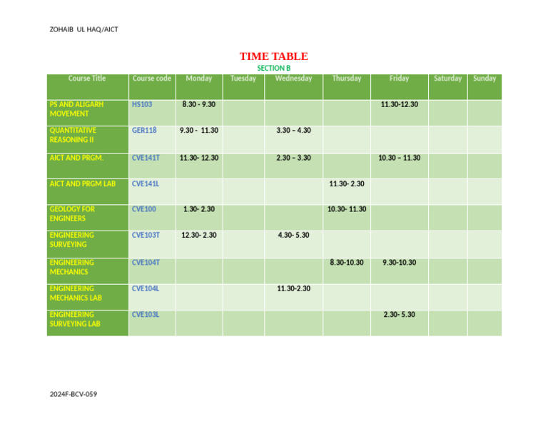 AICT Section B Course Timetable | PDF