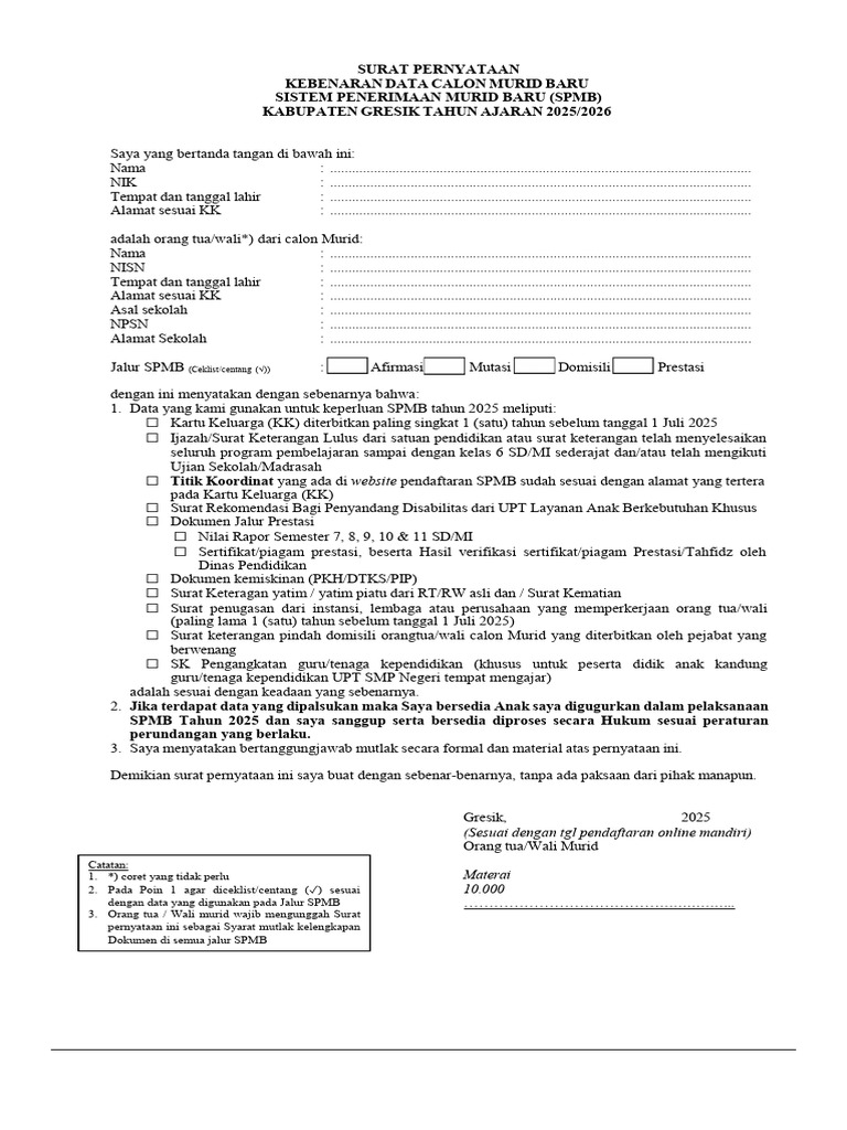Surat Pernyataan Kebenaran Data SPMB 2025 | PDF