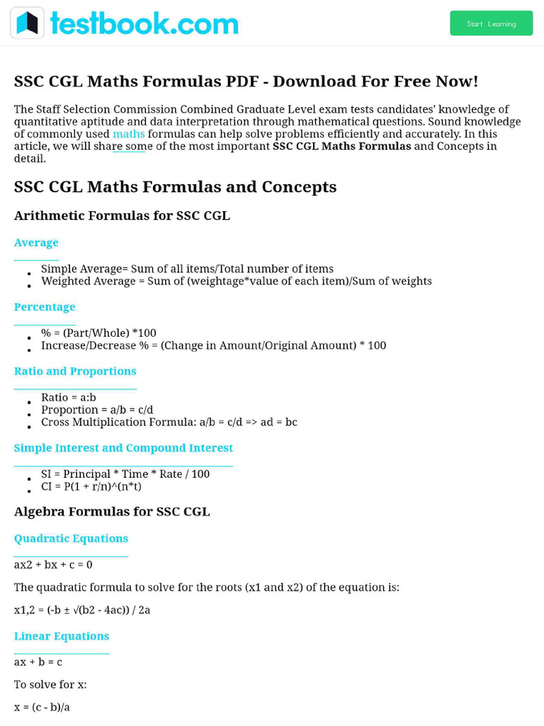 SSC CGL Maths Formulas PDF - Download For Free Now! | PDF