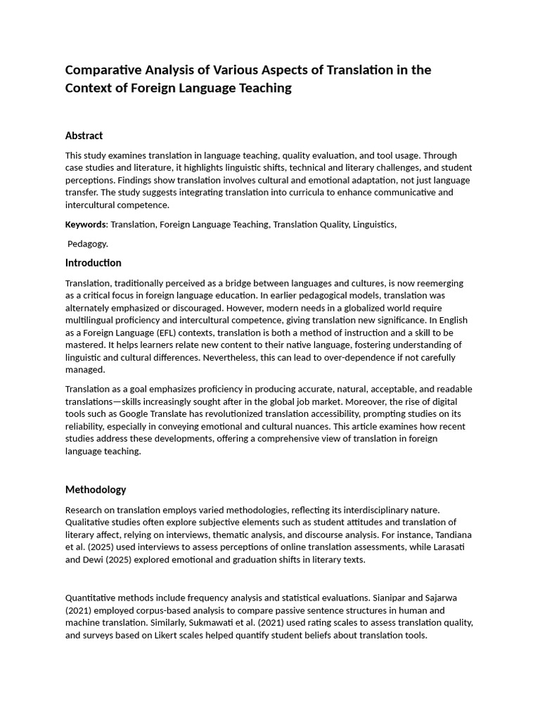 Comparative Analysis of Various Aspects of Translation in The Context ...