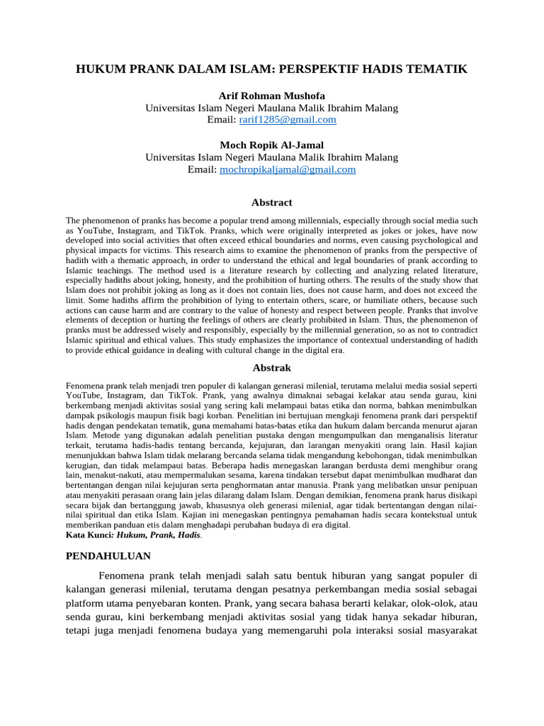 Hukum Prank Dalam Islam: Perspektif Hadis Tematik | PDF