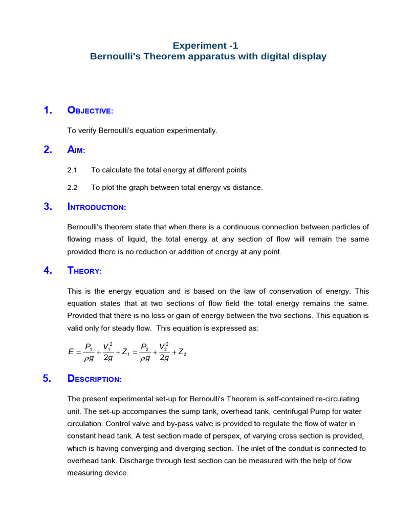 Bernoulli's Theorem Apparatus Guide | PDF | Pump | Flow Measurement