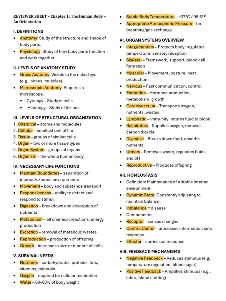 Anatomy and Physiology Overview | PDF | Human Body | Anatomical Terms ...